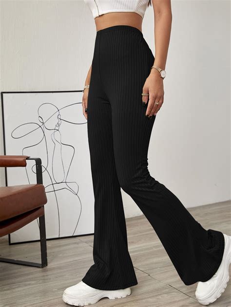 Solid Ribbed Flared Leg Trousers Outfits With Leggings Flared Pants