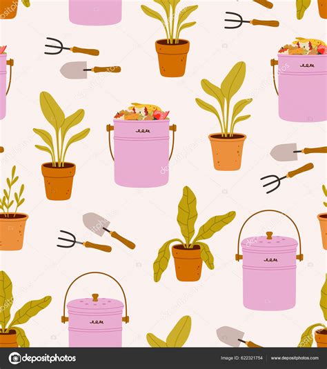 Seamless Pattern Kitchen Composter Flower Pot Shovel Rake Houseplant Concept Stock Vector By