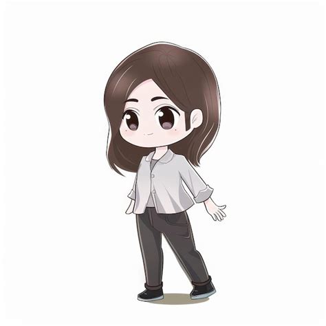 Cute Chibi Style Illustration Of A Girl In Work Clothes Walking With Hands Forward Premium Ai