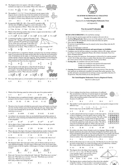 Ukmt Senior Challenge 2012 Pdf Area Geometric Objects