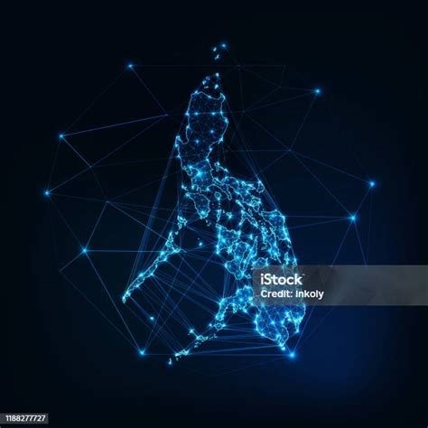 필리핀지도 빛나는 실루엣 윤곽선 점 삼각형 낮은 다각형 모양으로 만든 윤곽 필리핀에 대한 스톡 벡터 아트 및 기타 이미지