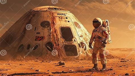 Astronaut Stands Near Spacecraft Or Living Module Covered Sandy On