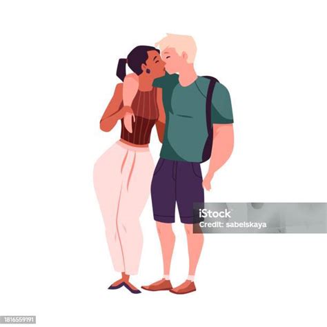 다국적 사랑받는 십대 커플 포옹과 키스 벡터 만화 사랑 관계 젊은 연인 함께 글로벌 비즈니스에 대한 스톡 벡터 아트 및 기타
