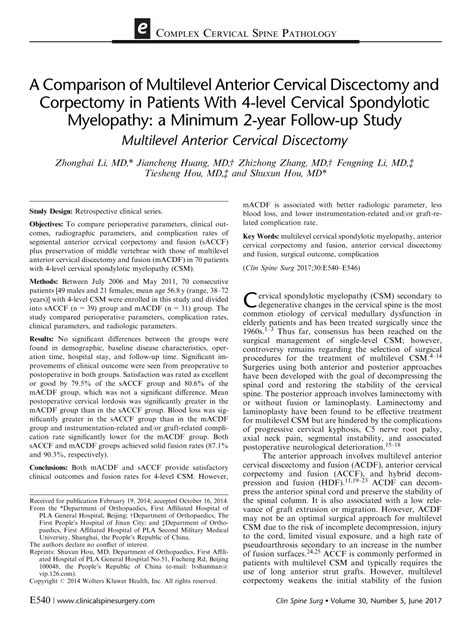 Pdf A Comparison Of Multilevel Anterior Cervical Discectomy And