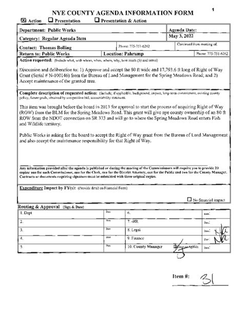 Fillable Online Nye County Agenda Information Form 1 Action U Fax Email Print Pdffiller