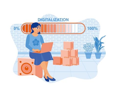 Premium Vector Young Woman Sitting On A Block Chair Installing Digitalization Hologram On Laptop