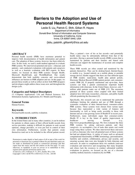 Pdf Barriers To The Adoption And Use Of Personal Health Record Systems