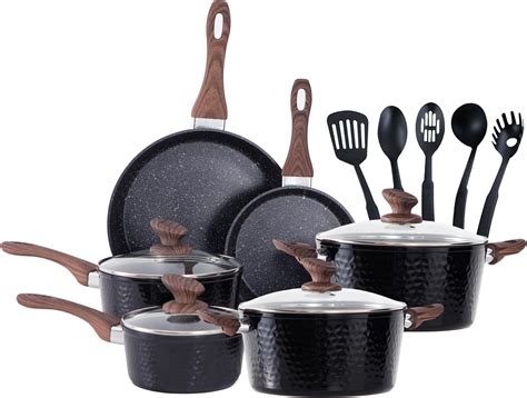 Amazon Com Induction Kitchen Cookware Sets Nonstick Granite Hammered Pan Set 15 Piece