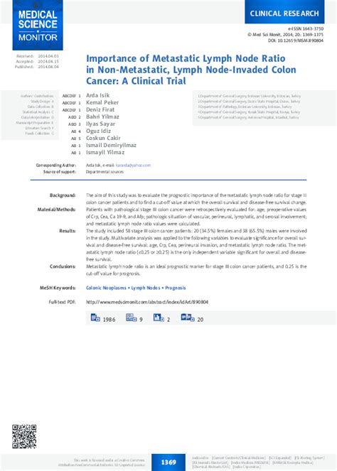Pdf Importance Of Metastatic Lymph Node Ratio In Non Metastatic Lymph Node Invaded Colon