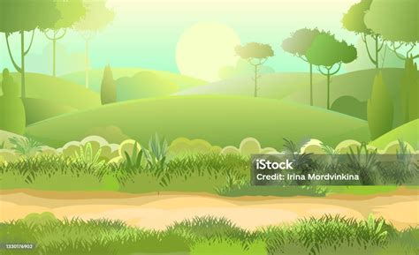 수평 도로 아름다운 숲풍경을 즐겁게 해주다 만화 스타일 잔디가 있는 언덕을 통과하는 길 오솔길 시원한 로맨틱 예쁜 플랫 디자인