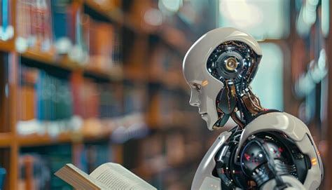 Premium Photo Artificial Intelligence Reading Book On Blurred Library Background
