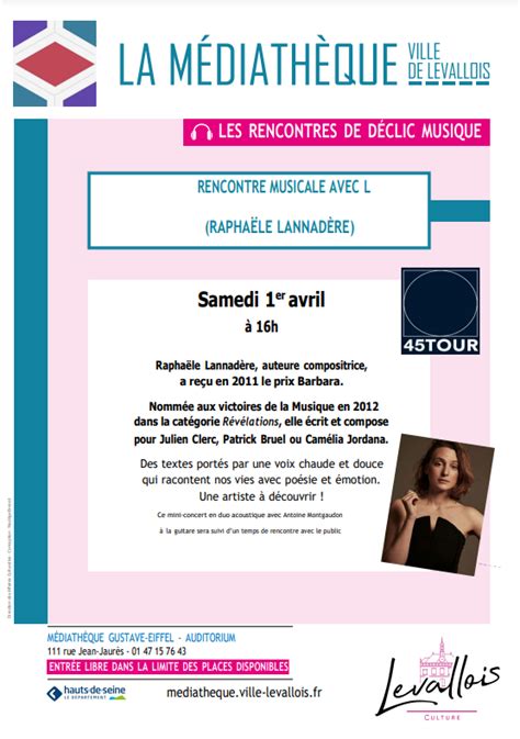 L Raphaële Lannadère Samedi 1er Avril 16h à La Médiathèque Gustave