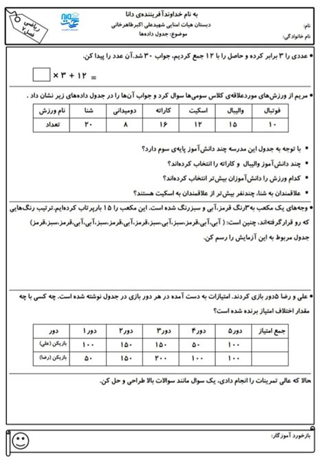 کاربرگ فصل 7 ریاضی سوم ابتدایی شماره 4 دکتر سمیه رحمت