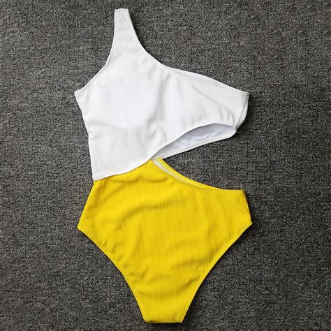 White Yellow One Shoulder Swimwear High Waist Cut Out Trikini Bathing
