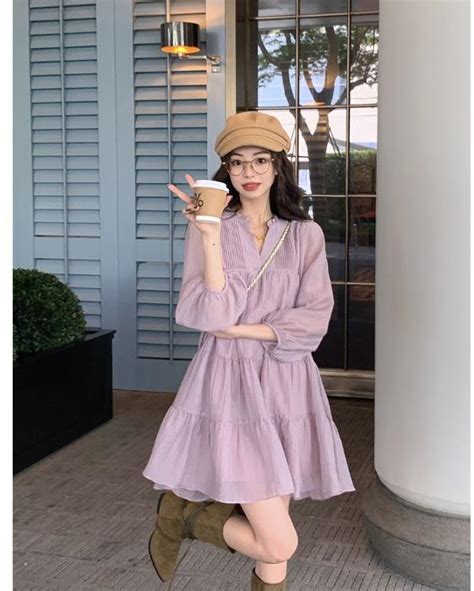 퍼플 긴 팔 v 브이 넥 프릴 숏 원피스 여친룩 데이트룩 여신룩 개강룩 캠퍼스룩 주말룩 귀여운 캐주얼한 여자 옷 쇼핑몰