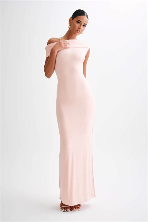 Cassandra Off Shoulder Slinky Maxi Dress Pale Pink Maxi Dress Prom