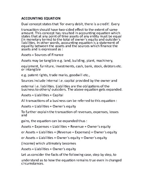 Accounting Equation Notes Accounting Equation Dual Concept States