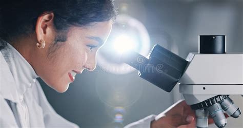 Science Experiment Woman Lab Microscope Healthcare Microbiology Person Testing Scientist Stock
