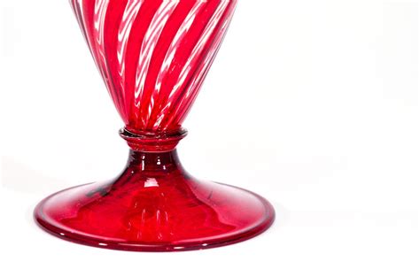 Pair Of Hand Blown Venetian Red And Clear Optic Swirl Vases Attrib