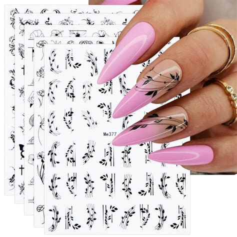JMEOWIO Nagelsticker Frühlings Blume Schwarz Weiß Blatt Nail Art Sticker Selbstklebend