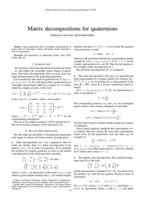 Pdf Matrix Decompositions For Quaternions