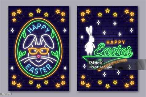 해피 부활절 네온 사인 벡터 그림입니다 부활절 축하 엠블럼네온 디자인 토끼와 손 계란밤 네온 간판 타이포그래피 디자인 모던 한