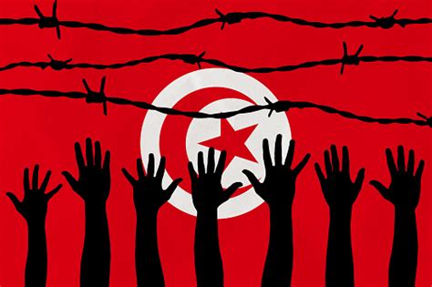 철조망 울타리 뒤에 튀니지 국기 사람들의 손입니다 자유와 선전 개념 Revolution에 대한 스톡 벡터 아트 및 기타 이미지