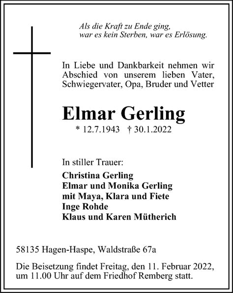 Traueranzeigen Von Elmar Gerling Trauer In Nrwde