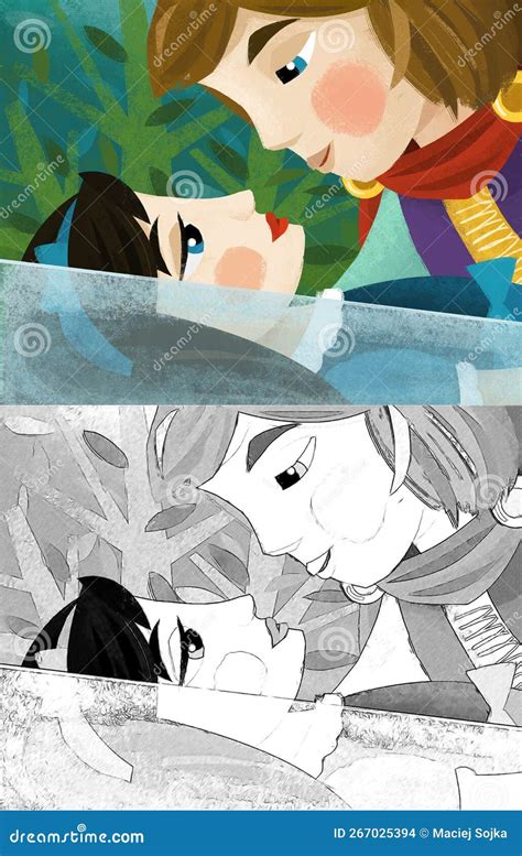 Cartoon Scene With Prince And Princess Kissing Illustration Stock