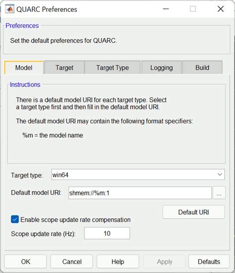 QUARC Preferences Dialog QUARC