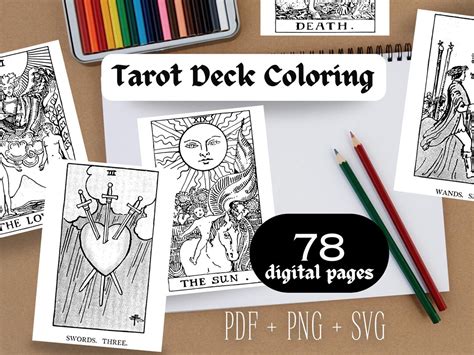 Tarot Deck Coloring Set Printable Vintage Tarot Cards Illustration
