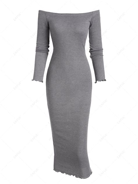 37 OFF 2021 Off The Shoulder Bodycon Maxi Ribbed Knit Dress In GRAY ZAFUL