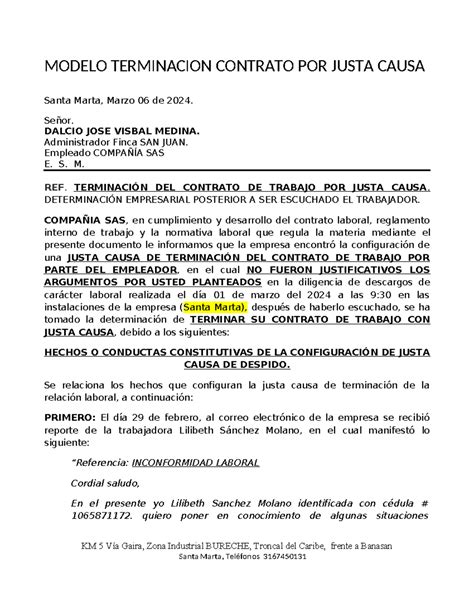 9 Terminacion Del Contrato De Trabajo Con Justa Causa Dalcio Modelo