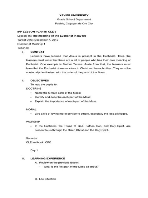 Cle Lesson Plan Pdf Mass Liturgy Eucharist