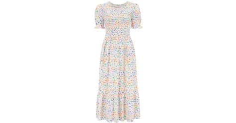 Sugarhill Gemma Shirred Midi Dress Off Multi Mottled Leopard In