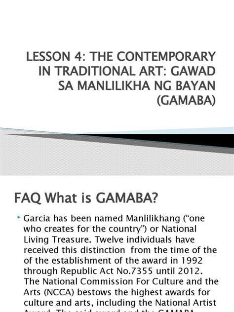 Lesson 4 The Contemporary In Traditional Art Gawad Sa Manlilikha Ng