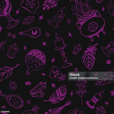 손으로 그린 마법 도구 마술의 개념과 원활한 패턴 마녀와 마법사를위한 마법의 배경 마술 결정체에 대한 스톡 벡터 아트 및 기타 이미지 Istock