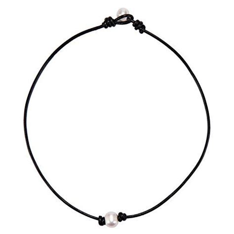 Single White Pearl Choker Necklace On Black Leather Cord Faux