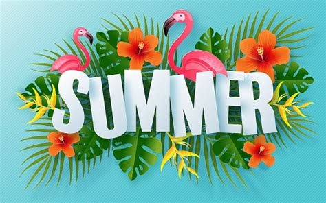 여름 휴가 벡터 디자인 해변 다채로운 열대 꽃 헬리코니아 로스트라타 과일 바다 자연 여름 음료 바다 아래 산호 플라밍고 태양 모래 칵테일 배경에 종이 컷 스타일 개념에 대한