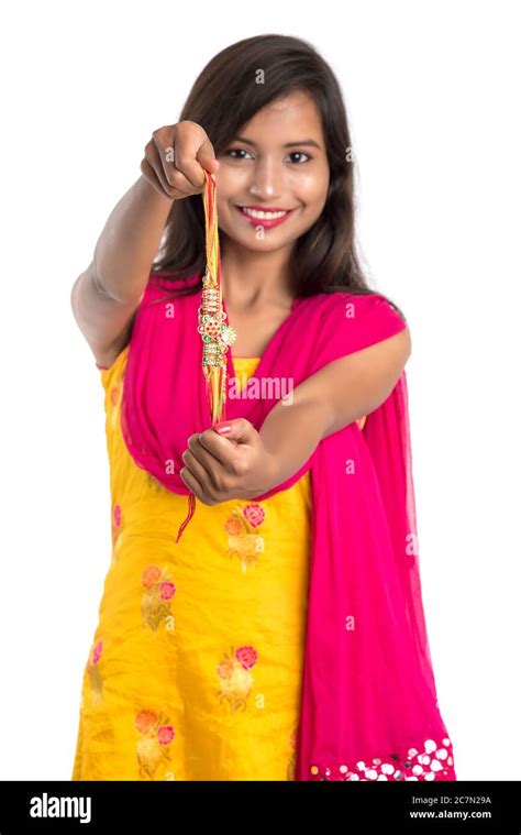Beautiful Indian Girl Showing Rakhis On Occasion Of Raksha Bandhan Sister Tie Rakhi As Symbol