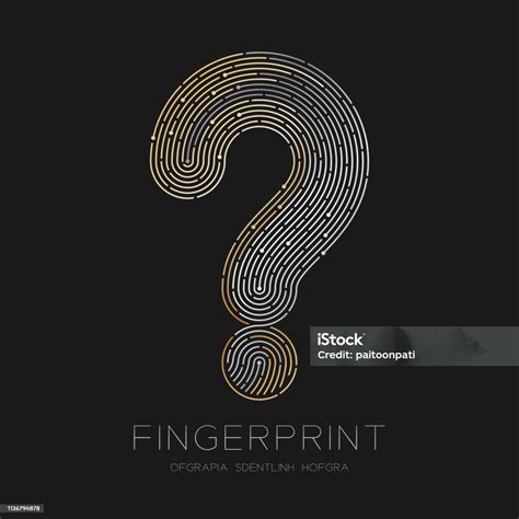 물음표 기호 패턴 지문 스캔 로고 아이콘 대시 라인 의심 개념 삽화 실버와 골드 지문 텍스트와 공간 검은 배경에 고립 벡터 Eps10 누른 자국에 대한 스톡 벡터 아트 및