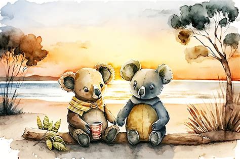 Premium Ai Image Cute Koala Couple Travel On Summer Beach Watercolor