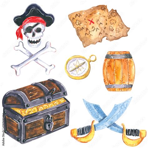 Set Of Pirate Clipart Pirate Ship Treasure Chest With Gold Coins
