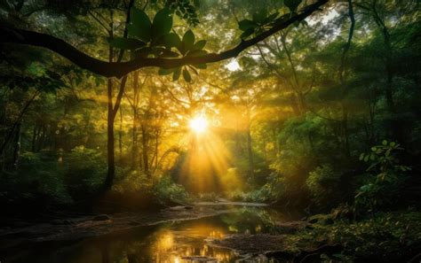 Premium Ai Image Beautiful Rays Of Sunlight In A Green Forest