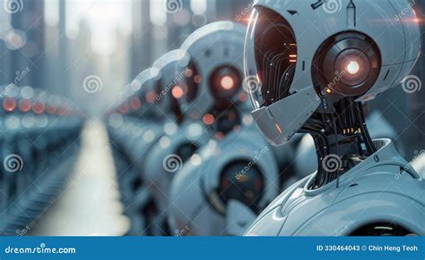 Close Up Of Futuristic Robots Lined Up In A High Tech Assembly Line Showcasing Advanced Ai And