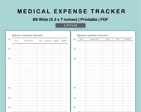 B6 Wide Inserts Medical Expense Tracker Kjunstudio