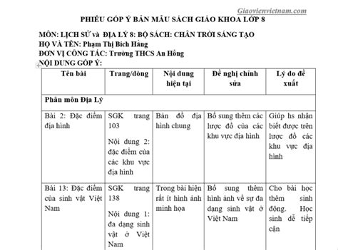 PhiẾu GÓp Ý Sgk LỊch SỬ VÀ ĐÍa LÍ 8 Giáo Viên Việt Nam