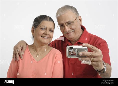 Old Couple Senior Citizens Old Man Wearing Red T Shirt Glasses Old Lady