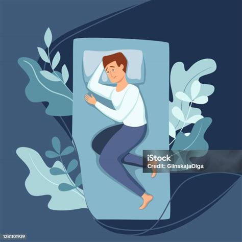 침대에서 잠자는 깨어있는 남자는 불면증으로 고통받고 있습니다 벡터 일러스트 의 피곤 슬픈 사람 불면증 개념에 대한 스톡 벡터