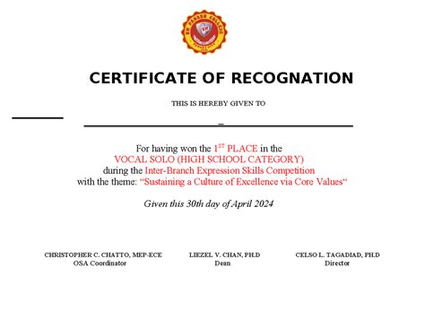 Certificate Of Recognation This Is Hereby Given To For Having Won